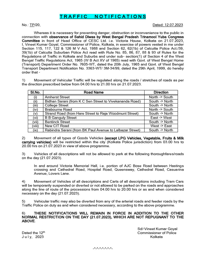Traffic Notification For Sahid Diwas of TMYC On 21.07.2023 | PDF | Kolkata | Transport ...