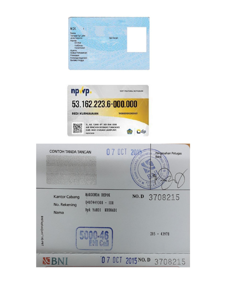 Contoh Penempatan KTP, NPWP, Buku Tabungan Dan KK | PDF