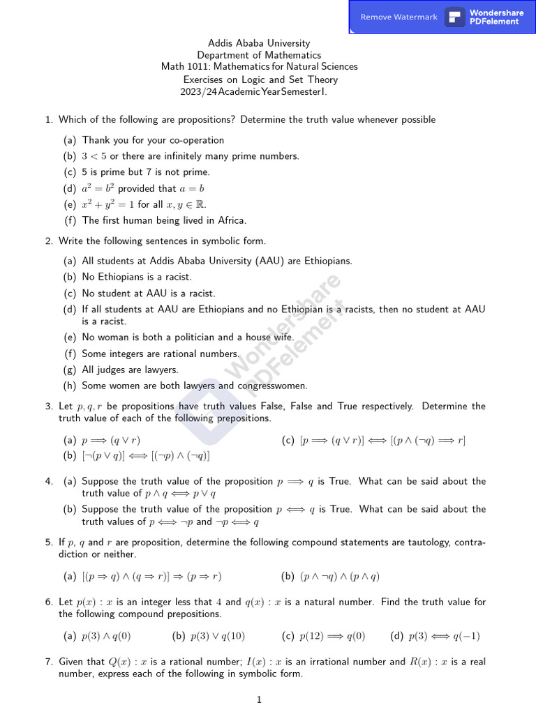 Math 1011 Exerciseson Logicand Set Theory | PDF