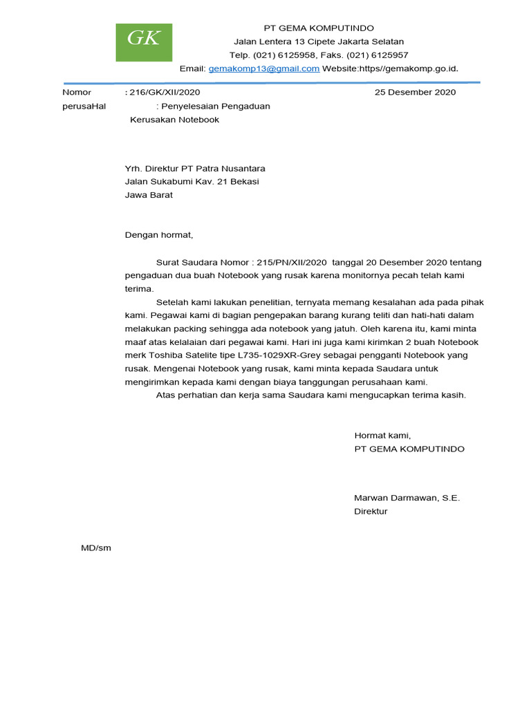 Contoh Surat Penyelesaian Pengaduan | PDF