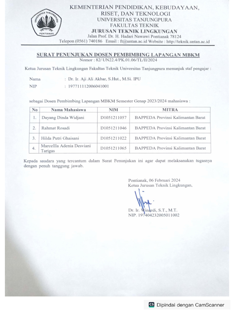 Surat Penunjukan Dosen Pembimbing Lapangan MBKM (PAK AJI) | PDF