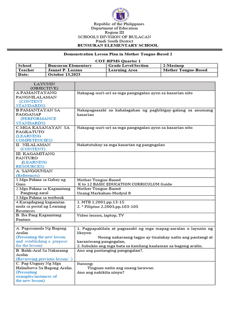 Mtb-2-Cot-Kasarian NG Pangngalan-2023-2024 | PDF