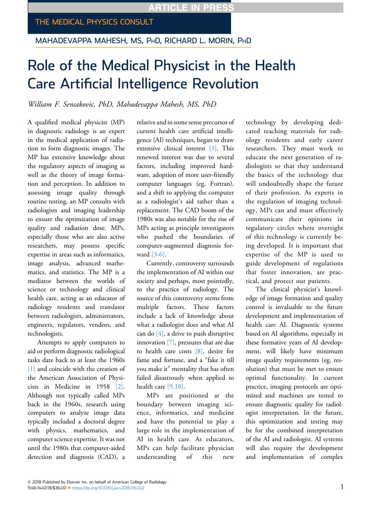 Role of The Medical Physicist in The Health Care AI Revolution ...