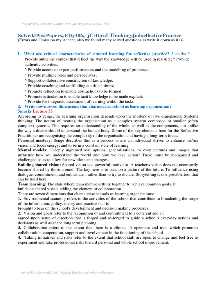 EDU406: Reflective Practice Guide | PDF | Reflective Practice ...