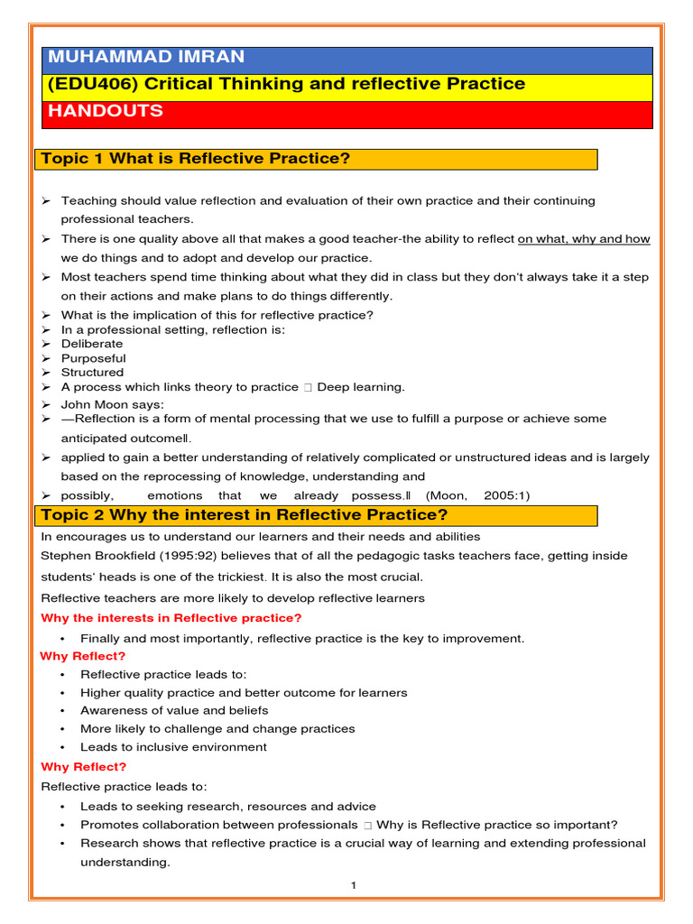 EDU406 Notes 1 1 | Download Free PDF | Reflective Practice | Learning