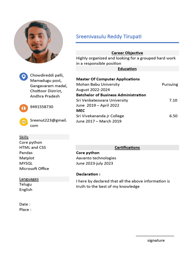 Sreenivasulu Reddy's Resume: MCA Student with Python Skills | PDF | Career & Growth