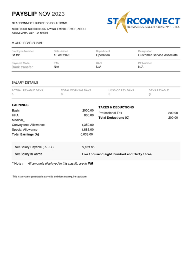 Ibrar Shaikh-Payslip-Nov2023 | PDF | Finance & Money Management