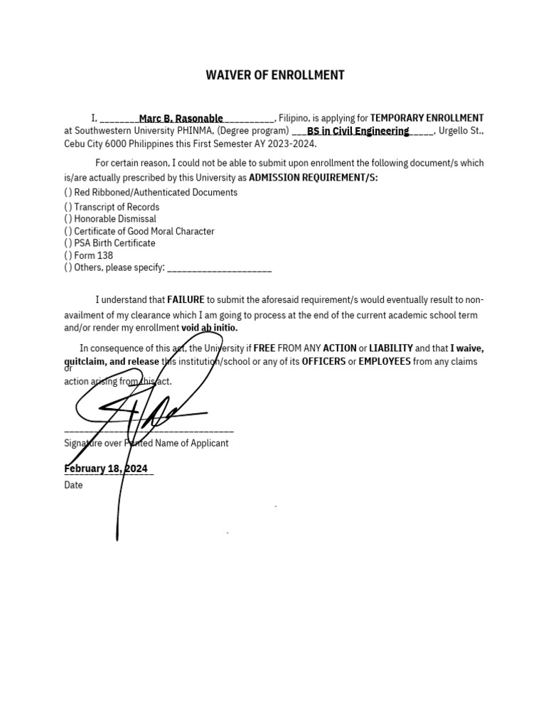 Enrollment Waiver Application Form | PDF