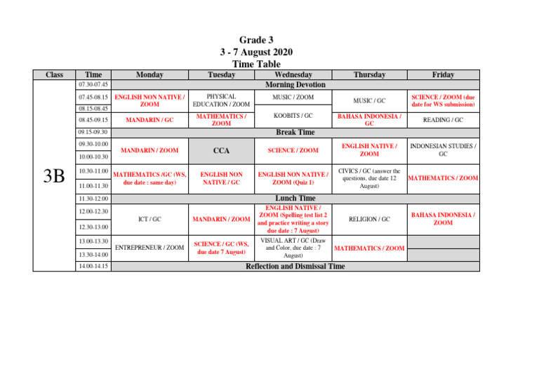 3B Weekly Plan Time Table (3-7 August) | PDF