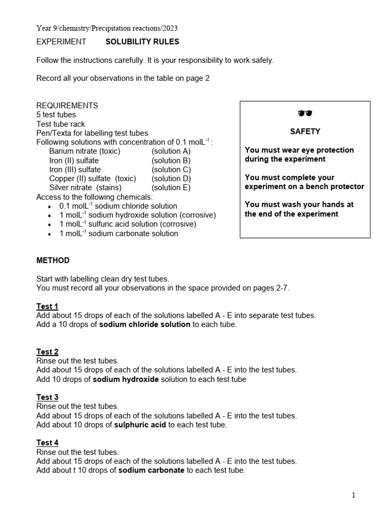 Precipitates and Solubility Experimant (Essential) | PDF ...