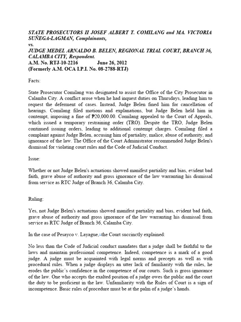 State Prosecutor II Josef Albert T. Comilang vs. Judge Belen | PDF | Contempt Of Court | Prosecutor