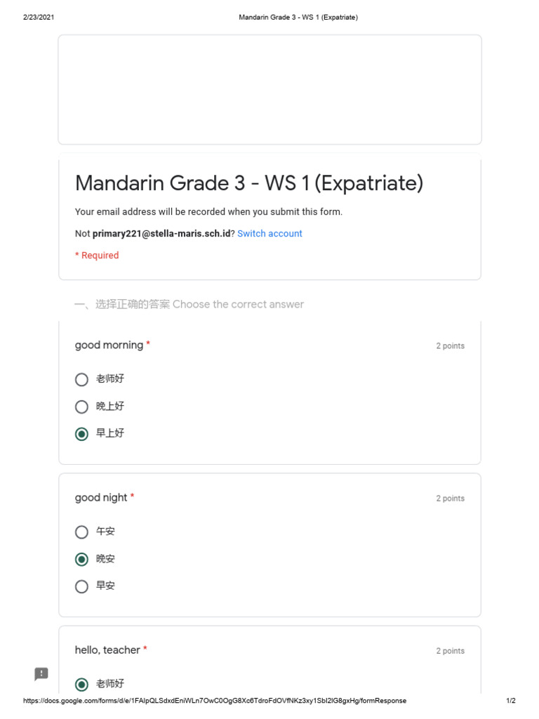 Mandarin Grade 3 Quiz Form | PDF
