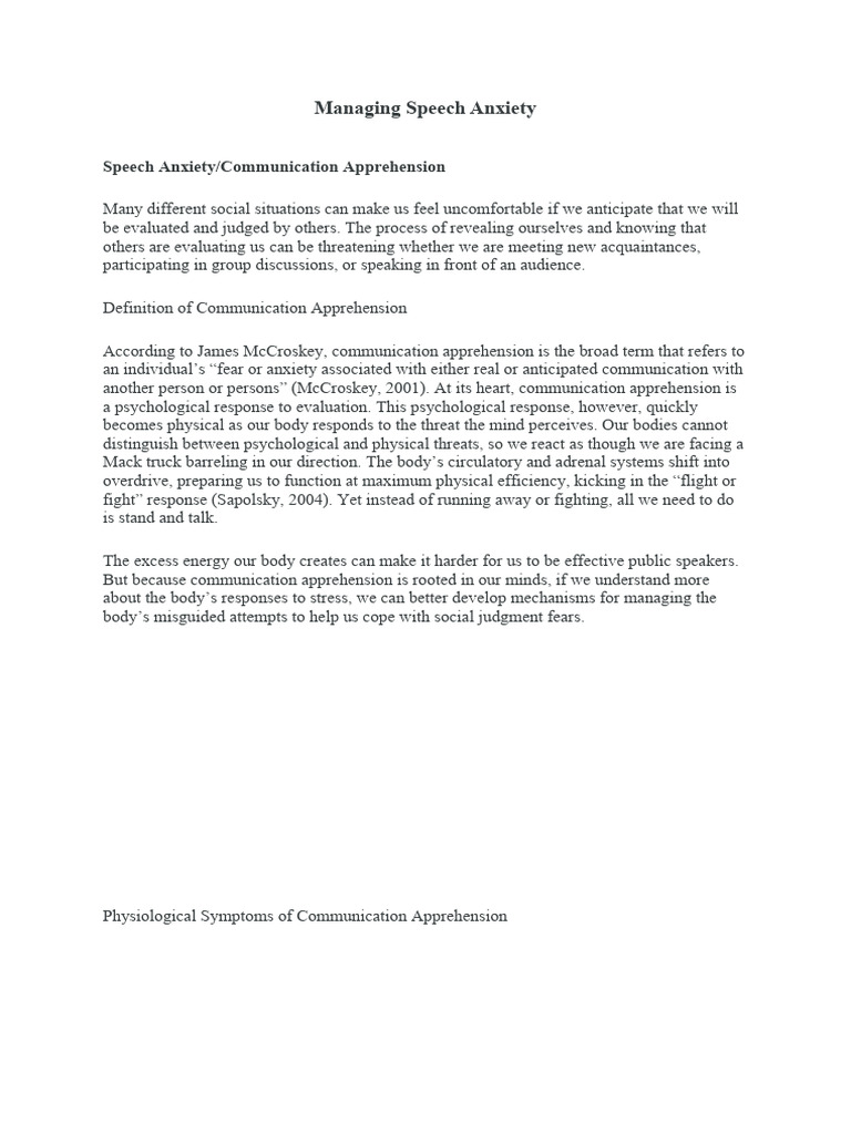 Managing Speech Anxiety | PDF | Anxiety | Fear