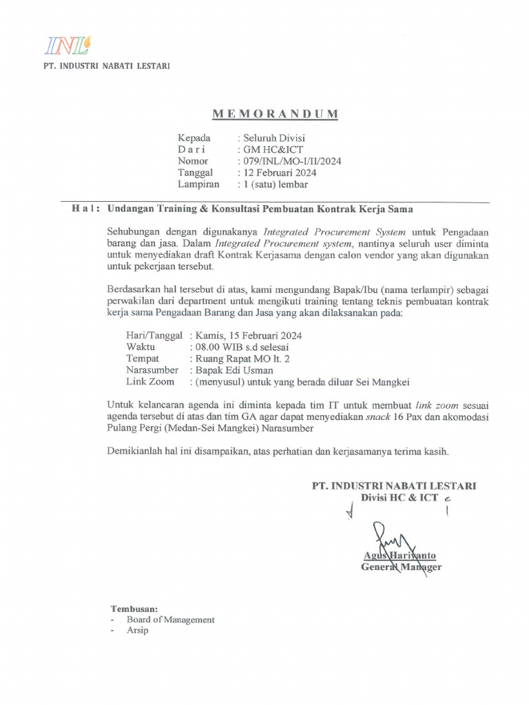 079 Memorandum GM HC & ICT - Undangan Training & Konsultasi Pembuatan Kontrak Kerja Sama (Kamis ...