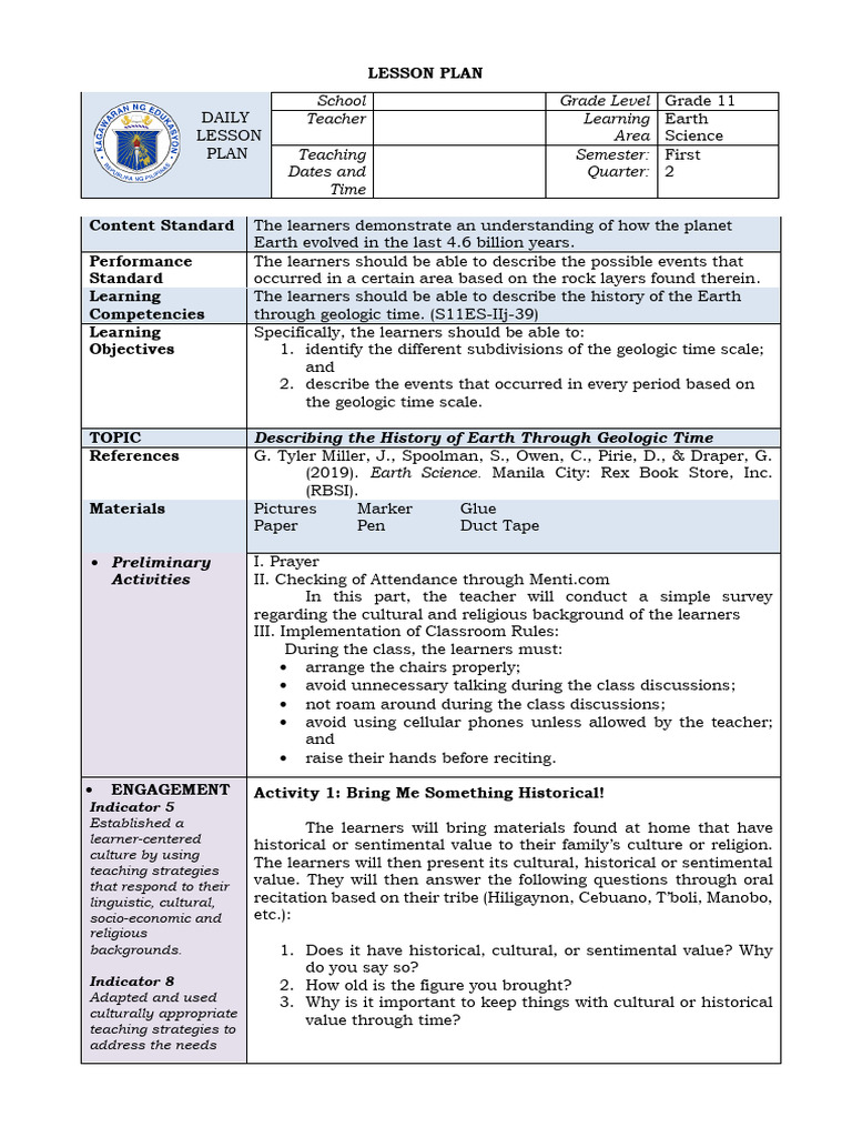 1st LESSON PLAN Earth Science | PDF | Geologic Time Scale | Earth Sciences