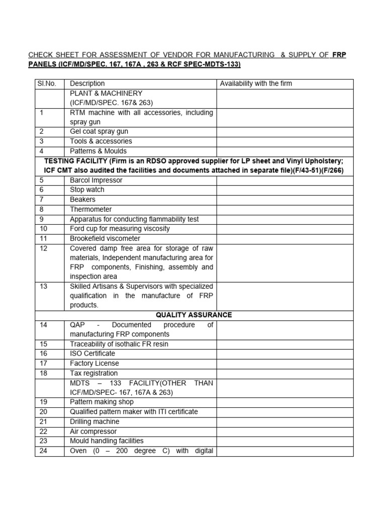 Check Sheet For FRP items-ALL SPEC | PDF | Fibre Reinforced Plastic ...