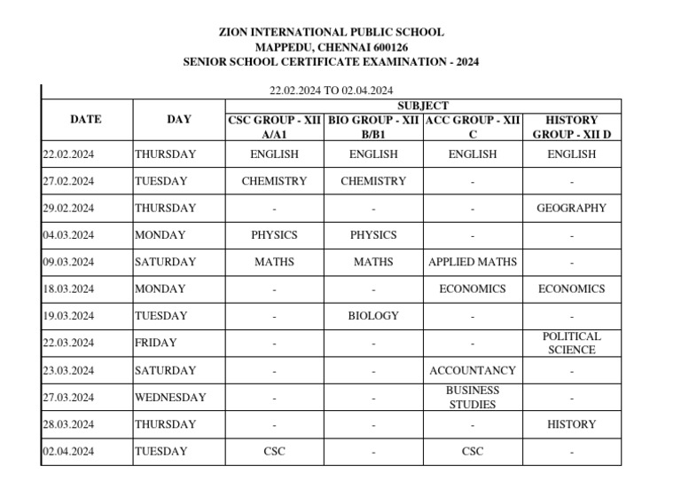 STD XII - BOARD EXAM TIME TABLE - 2023-24 | PDF