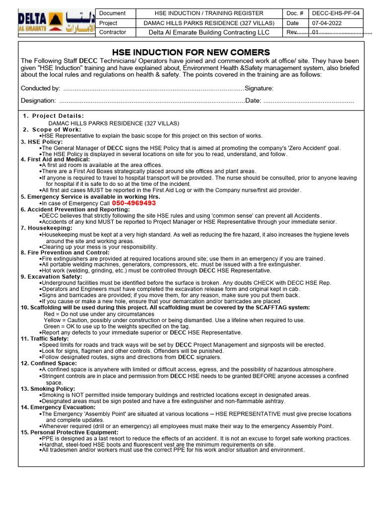 DECC EHS PF 04 Induction Training Register General | Download Free PDF ...