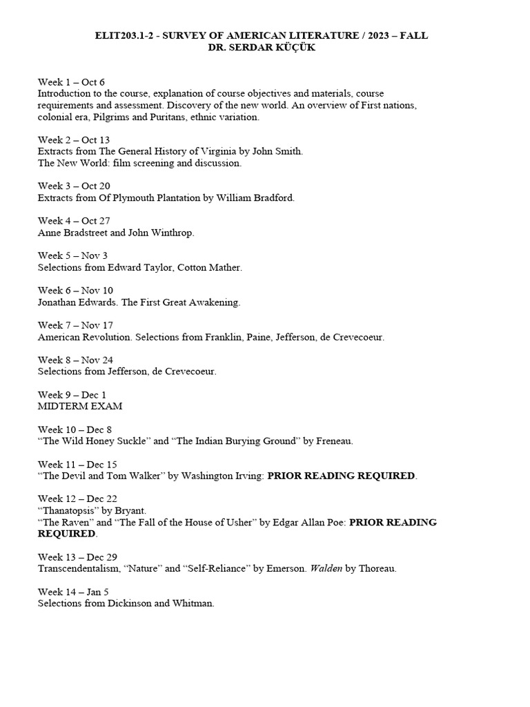Survey of American Literature Syllabus | PDF | American Literature