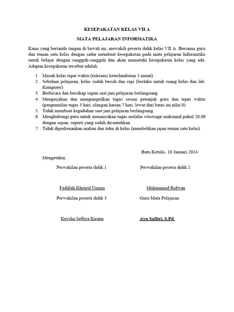 Kesepakatan Kelas Vii A | PDF