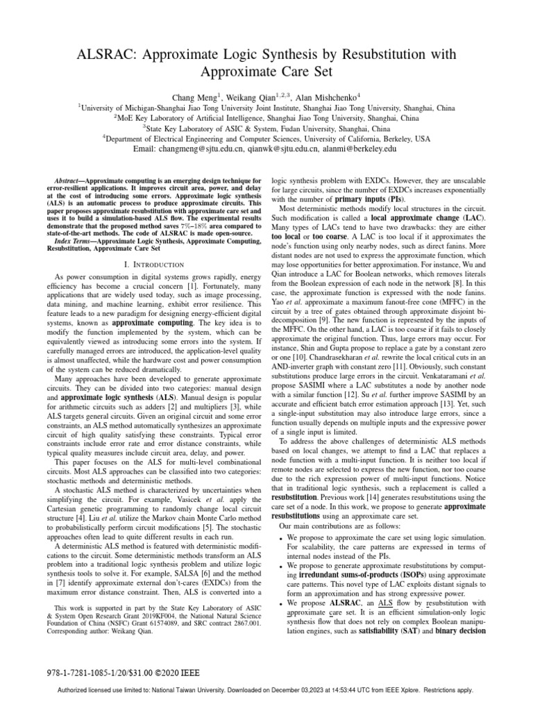 ALSRAC_Approximate_Logic_Synthesis_by_Resubstitution_with_Approximate_Care_Set | PDF | Logic ...
