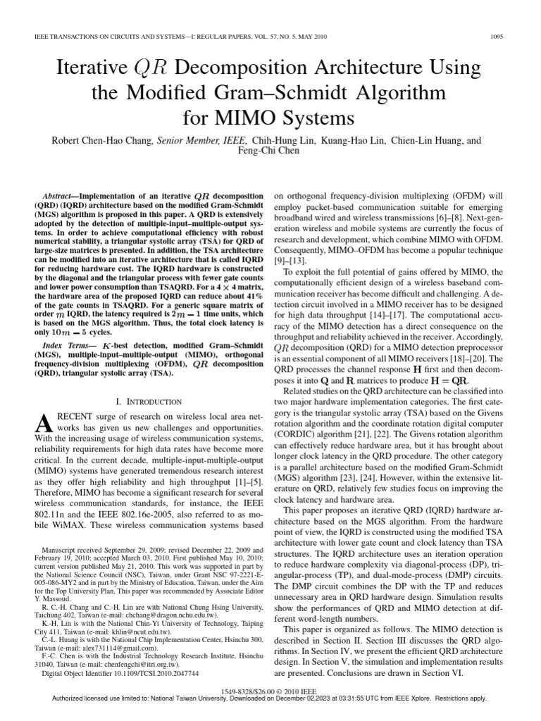 Iterative Qr Decomposition Architecture Using The Modified Gramschmidt Algorithm For Mimo