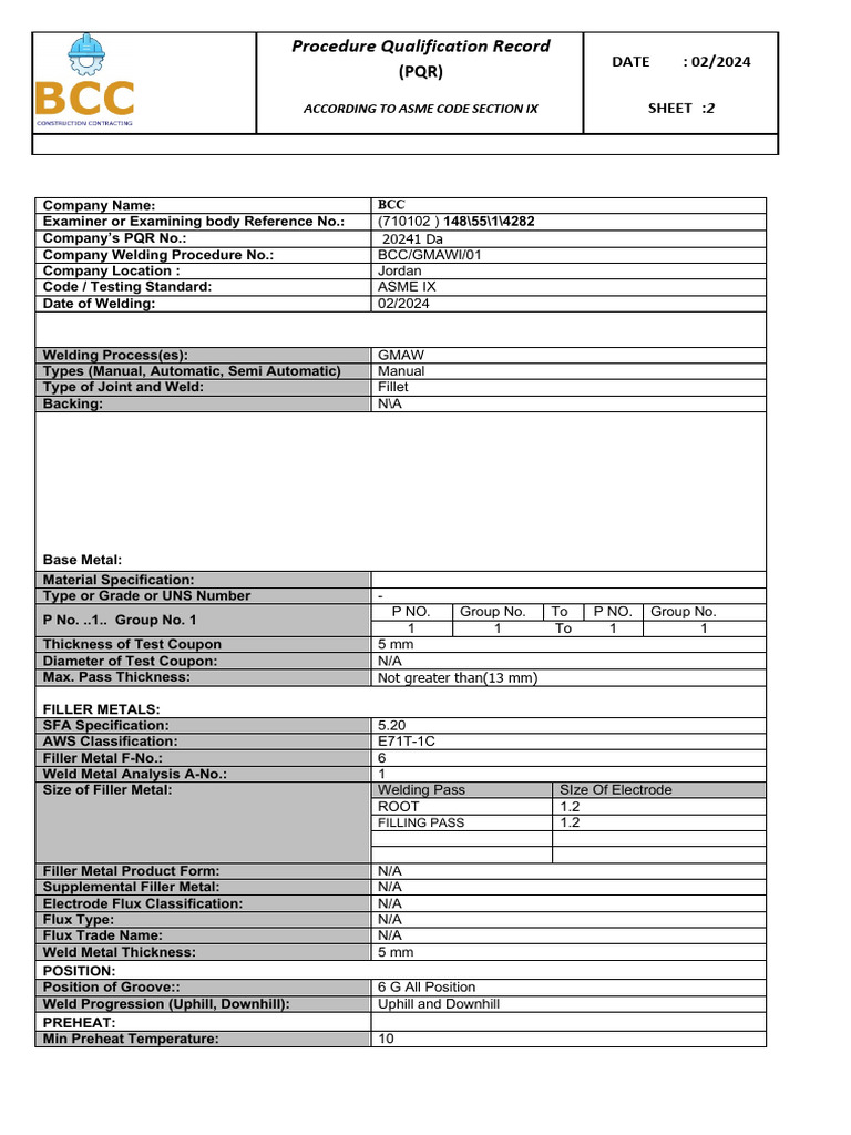 PQR - Gmaw BCC | PDF | Construction | Welding