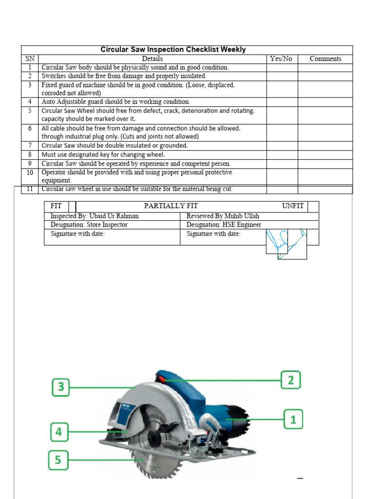 Circular Saw Weekly Inspection Checklist | PDF