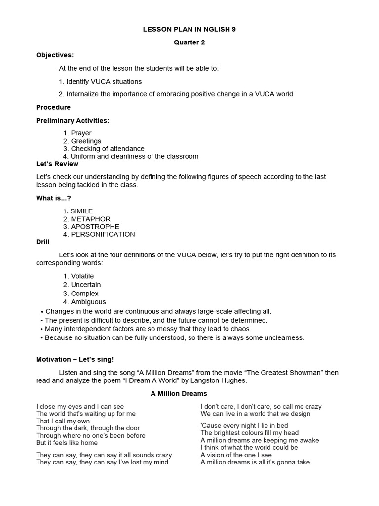 Grade 9 English Lesson Plan On VUCA | Download Free PDF | Dream | Cognition