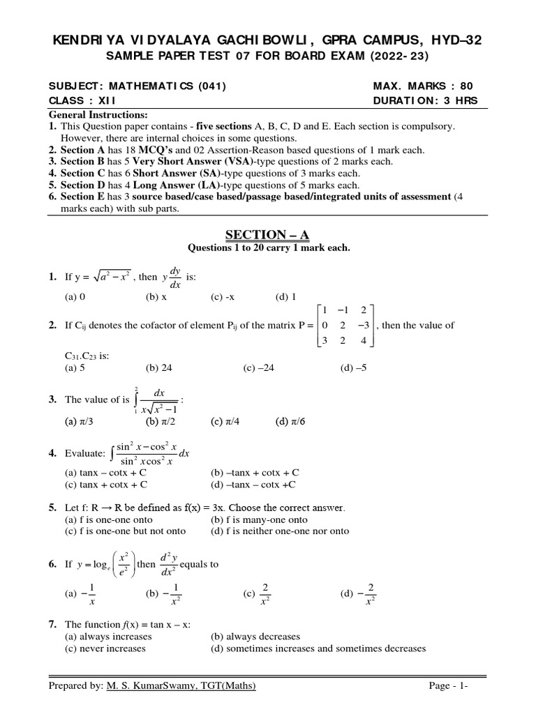 Class XII Mathematics Sample Paper 2022-23 | PDF | Area | Algebra