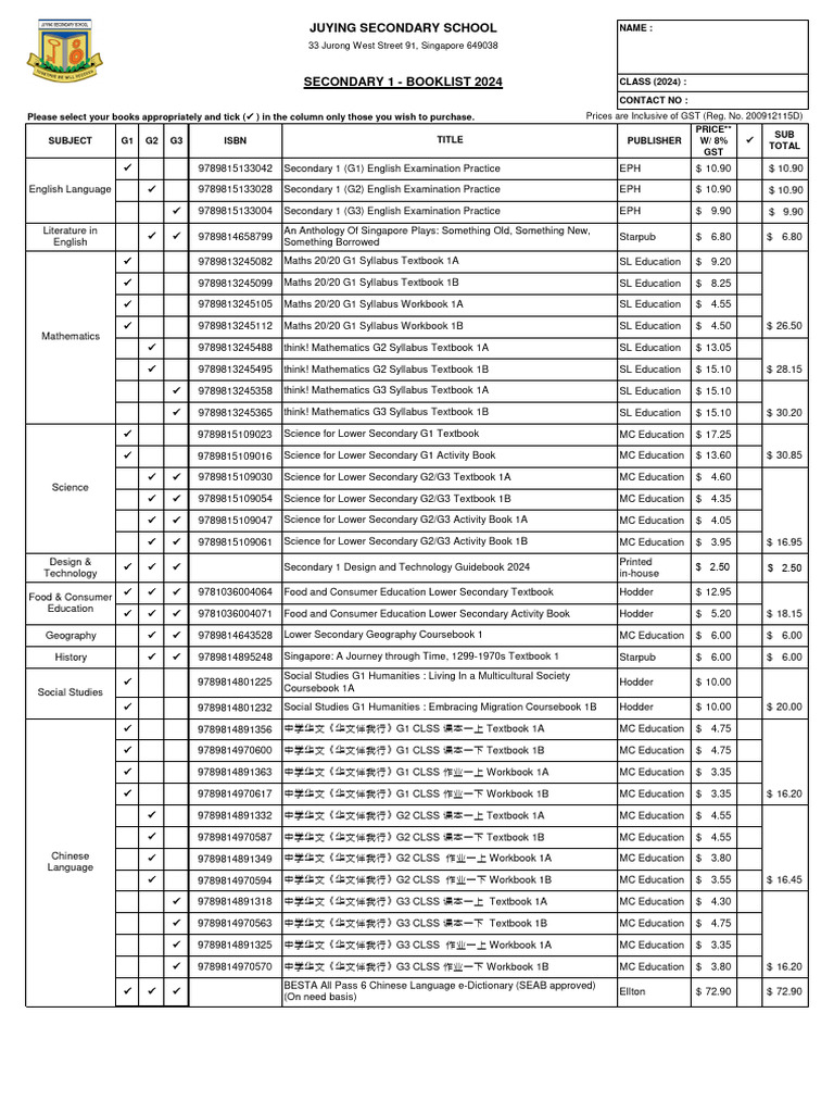 Sec 1 Booklist 2024 (Rev 15dec2023) | Download Free PDF | Textbook