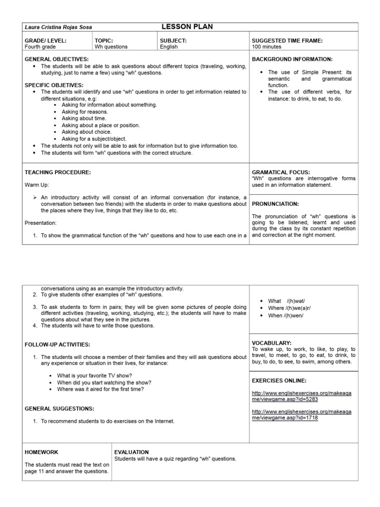 Lesson Plan WH Questions 3 PDF Free | Download Free PDF | Question | Communication