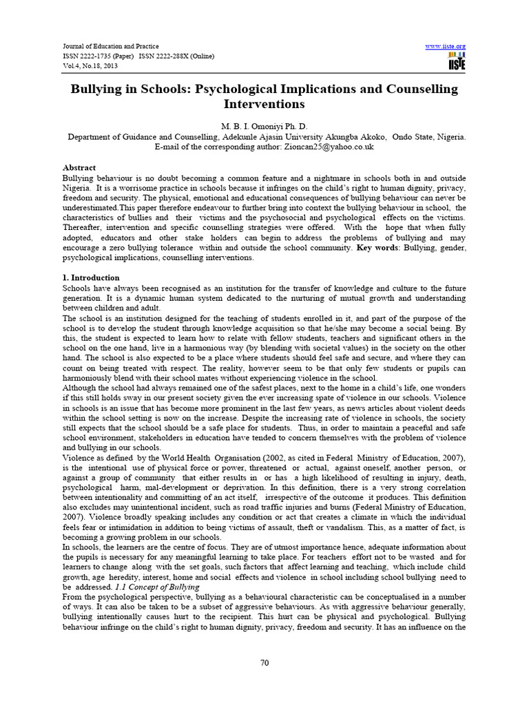 Bullying in Schools Psychological Implic | PDF | Self-Improvement ...