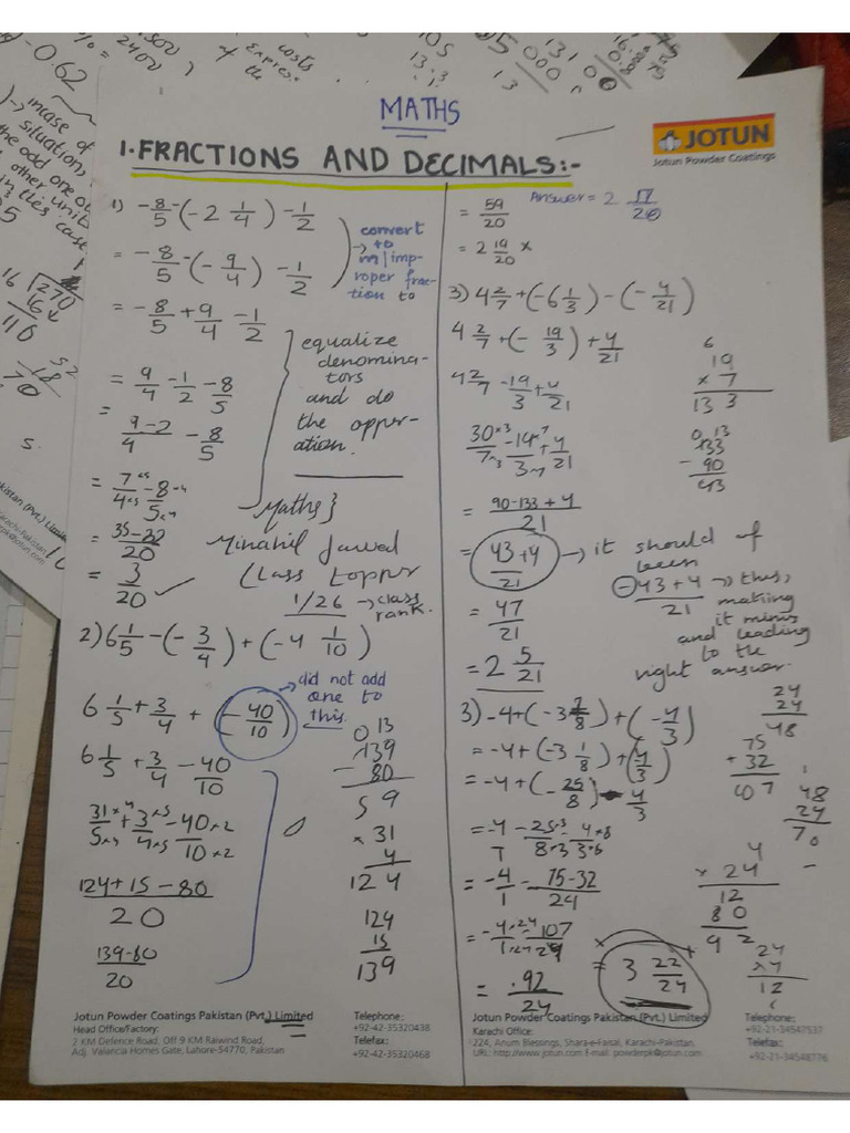 Math D-2 Fractions and Decimals Solved | PDF