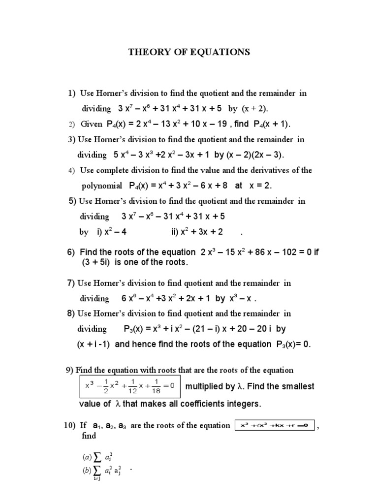 Theory of Equations Sheet | PDF | Equations | Mathematical Analysis