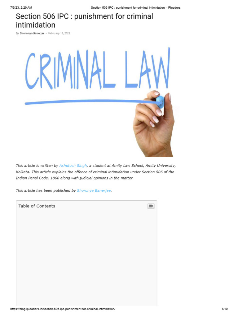 Section 506 IPC - Punishment For Criminal Intimidation - Ipleaders | PDF | Robbery | Crimes