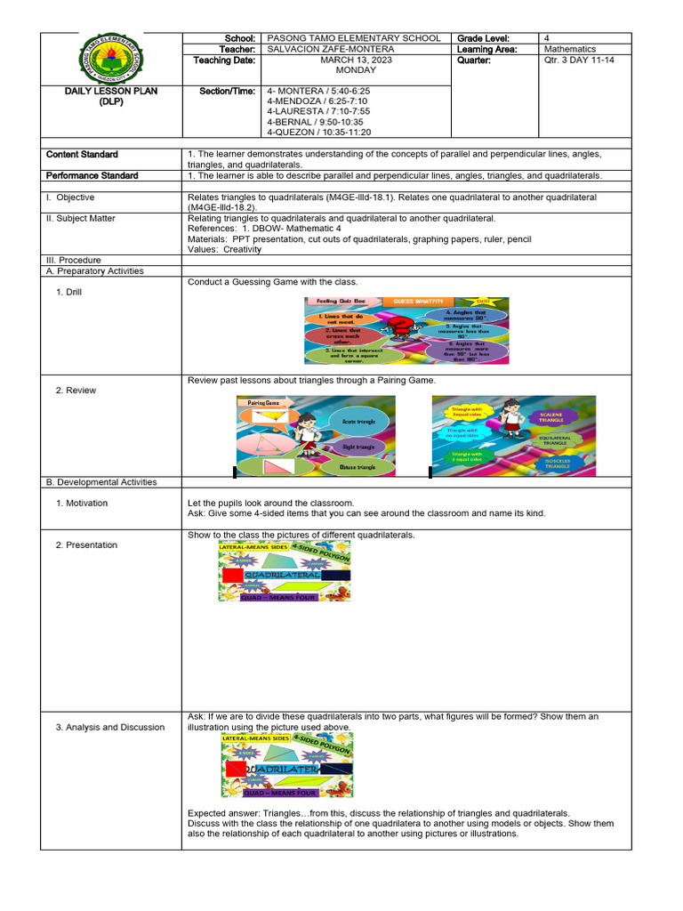 DLP Math 4 QTR 3 Day11 14 | PDF | Rectangle | Euclid