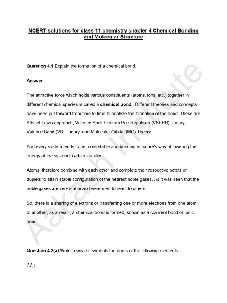 Ncert Solutions Class 11 Chemistry Chapter 4 Chemical Bonding and Molecular Structure - 0 | PDF ...