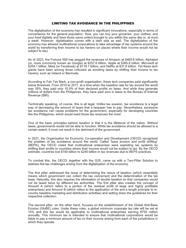 Limiting Tax Avoidance in The Philippines | PDF | Taxes | Tax Avoidance