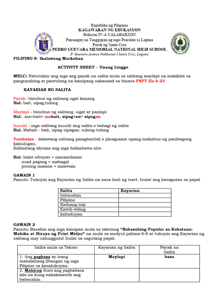 Q2FILIPINO 8 Activity Sheet | PDF