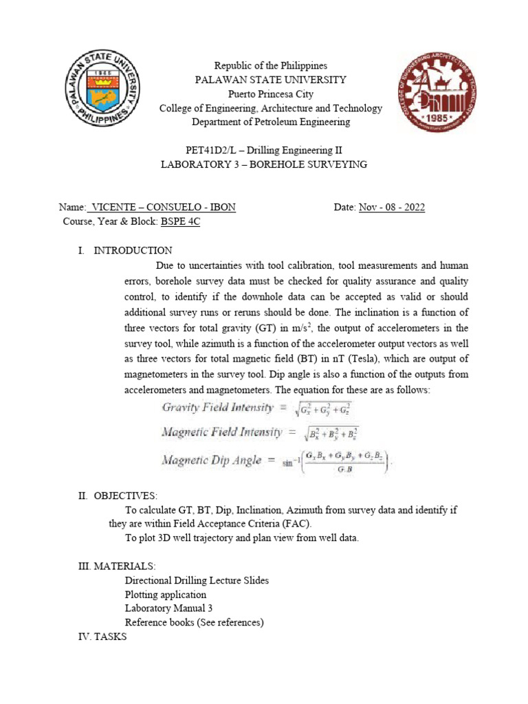 Vicente Consuelo Ibon Pet41d2 L Laboratory 3 Borehole Surveying | PDF ...