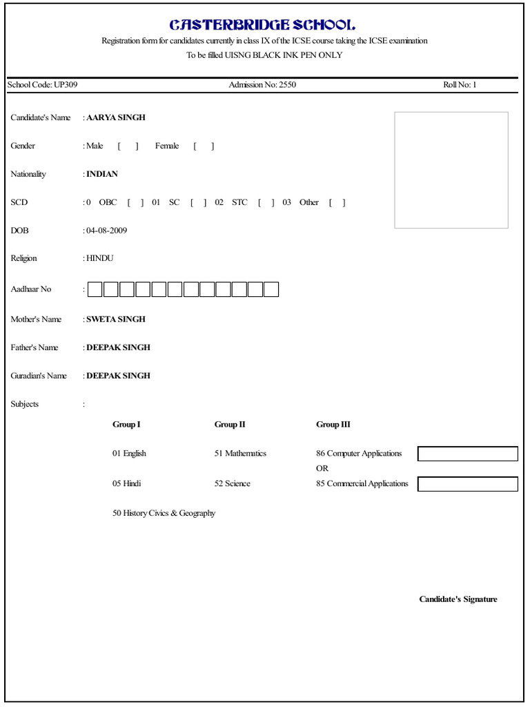 ICSE Class IX Registration Form 2024 | PDF