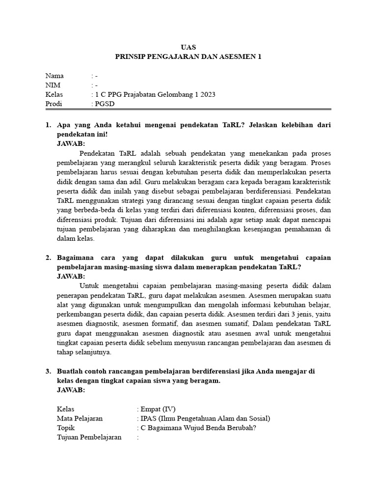 Ujian Akhir Semester (UAS) - Prinsip Pengajaran Dan Asesmen 1 Umum - HENGKY TANTRI BADAKARA ...