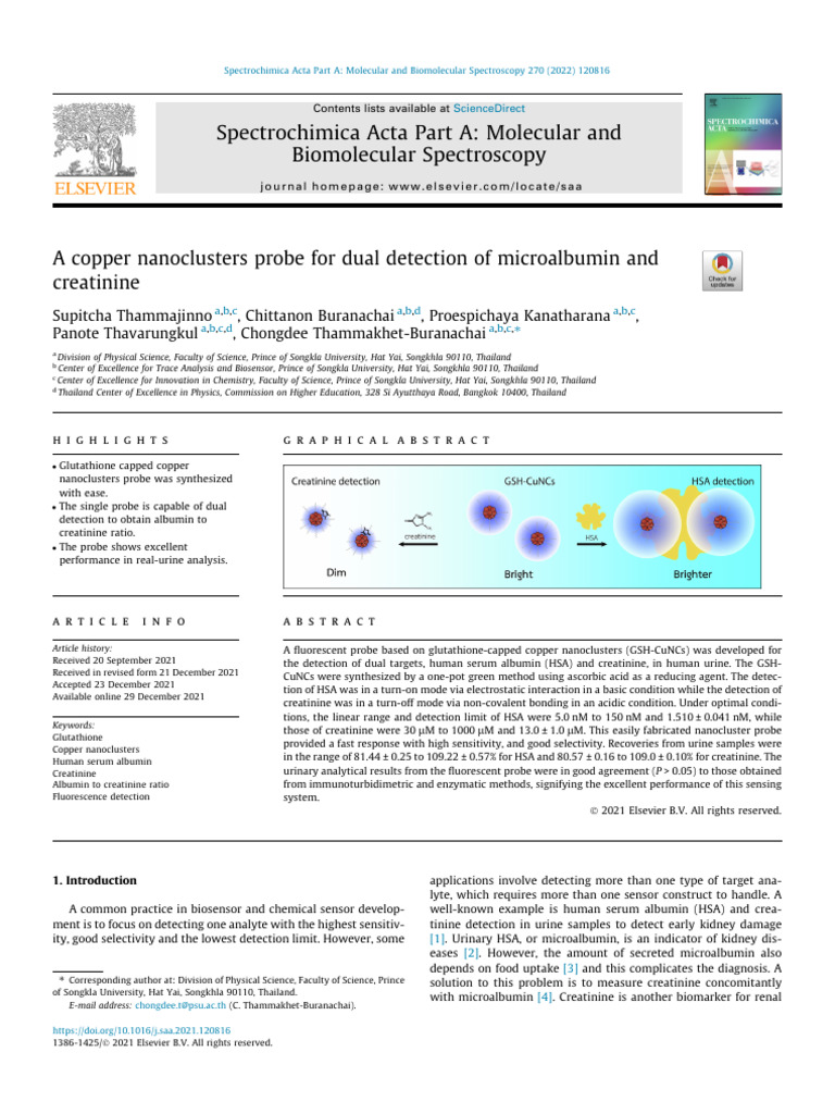 A Copper Nanoclusters Probe For Dual Detection of Microalbumin and Creatinine | PDF | Detection ...