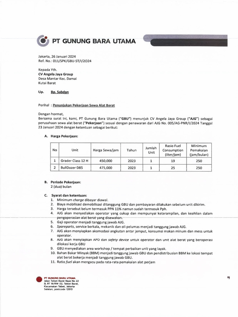 SPK011 - Sewa Grader Dan D85 - AJG | PDF