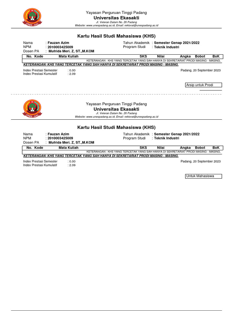 Universitas Ekasakti: No. Kode Mata Kuliah Sks Nilai Angka Bobot BXK | PDF