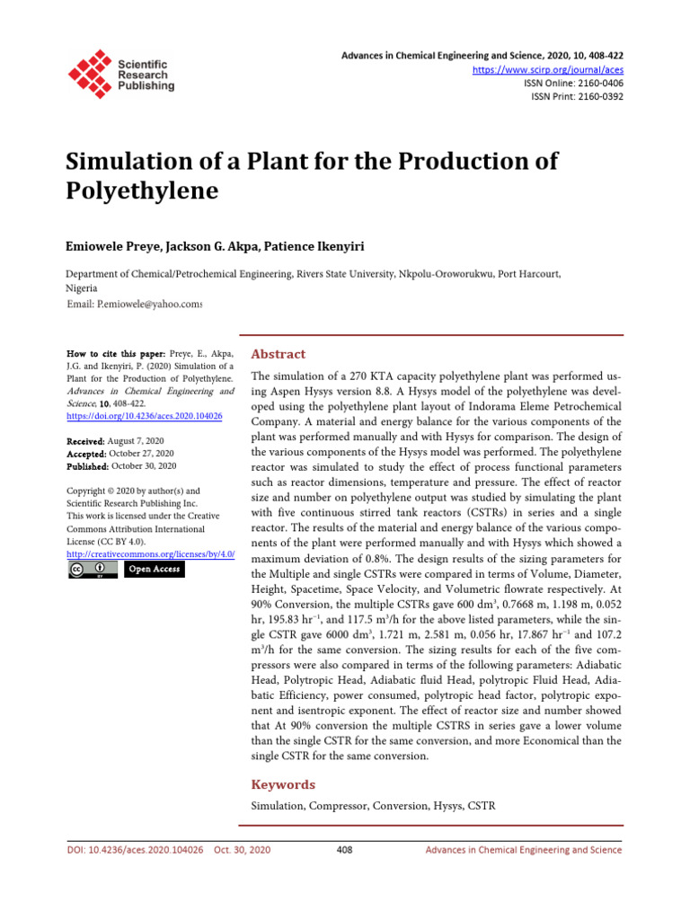 Simulation of A Plant For The Production of Polyet | PDF | Chemical ...