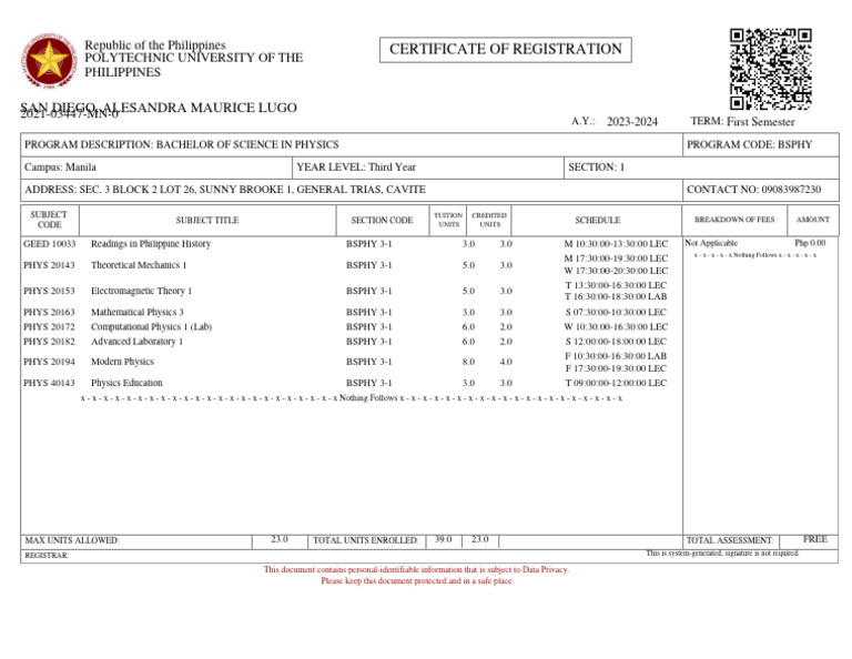 PUP Certificate of Registration 2023-2024 | PDF | Physics | Science