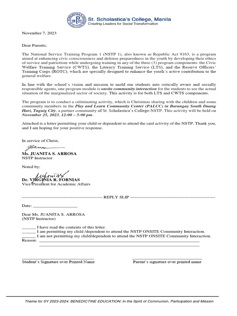 Announcement Letter To The Parents Students NSTP1 CUL Activity | PDF