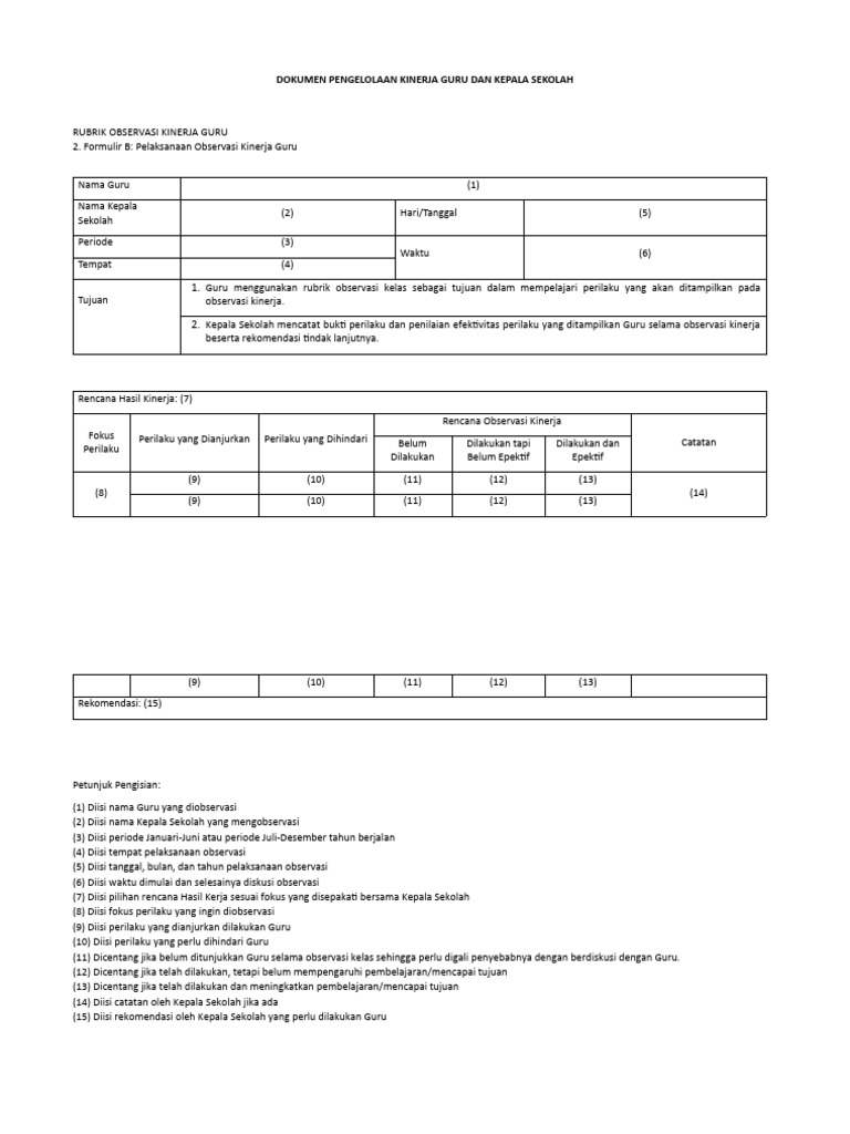 Rubrik Pelaksanaan Observasi Kinerja Guru (Form B) | PDF